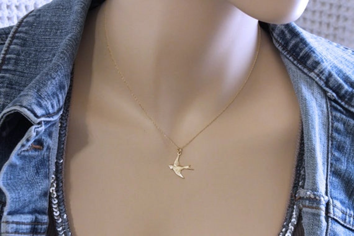 Gold Bird Necklace . Flying Bird Necklace . Sparrow Necklace . Gold ...