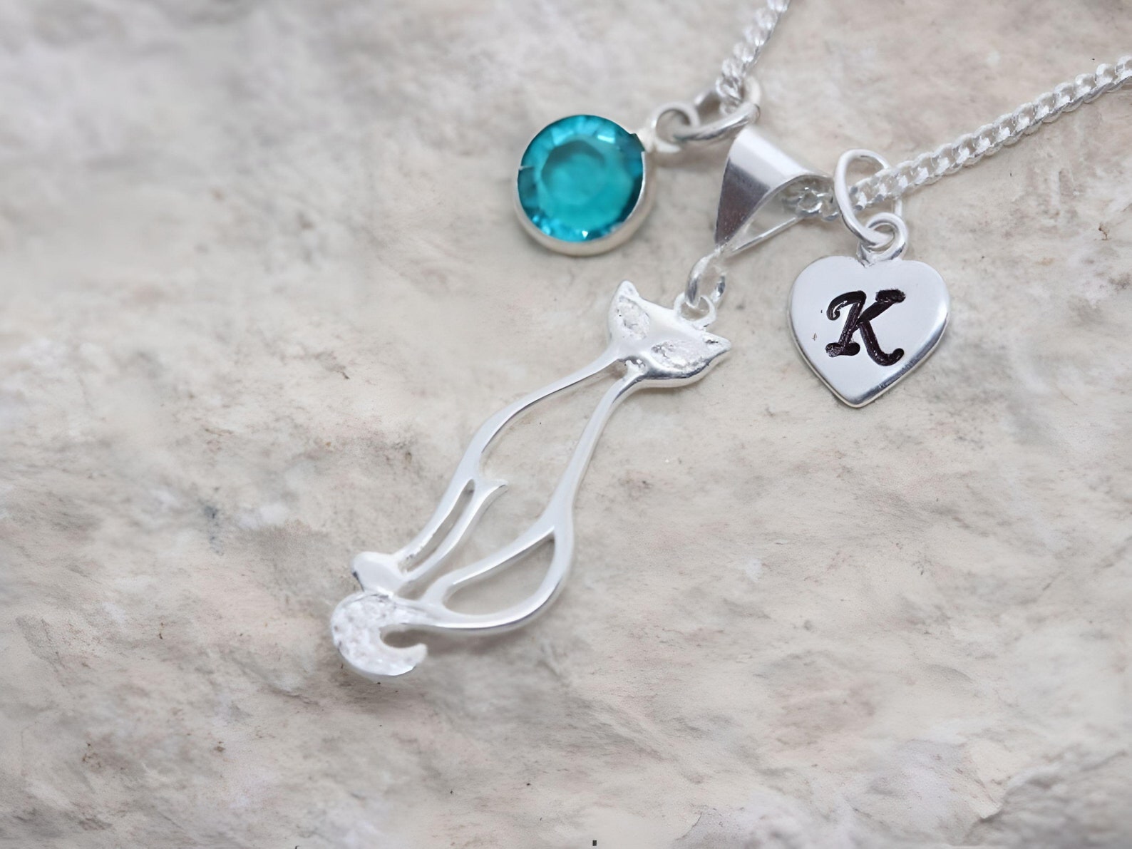 Sterling Silver Cat Necklace. Silver Cat With Personalized Charms. Cat ...