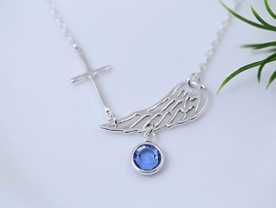 Angel Wing necklace Guardian angel Necklace with birthstone. | Etsy