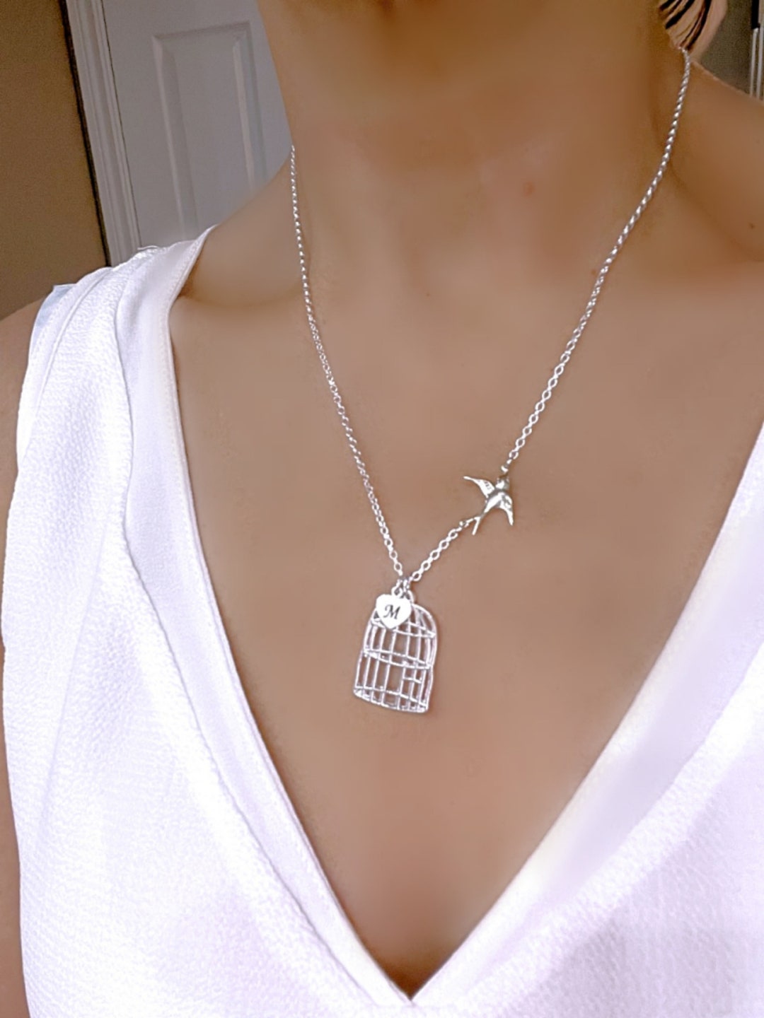 Sterling Silver Bird Necklace, Silver Cage Necklace Personalized Cham ...