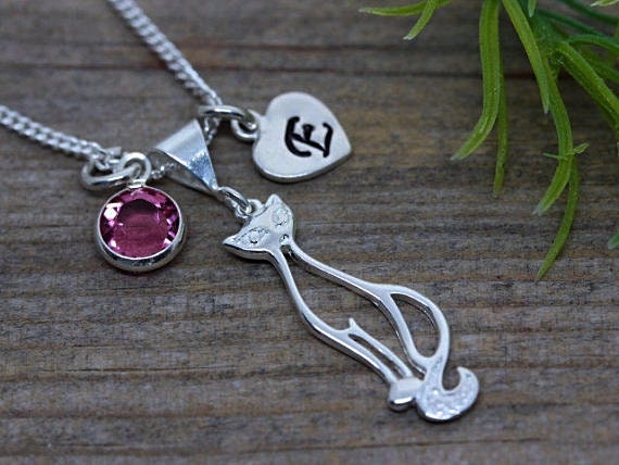 Sterling Silver Cat Necklace. Silver Cat With Personalized Charms. Cat ...
