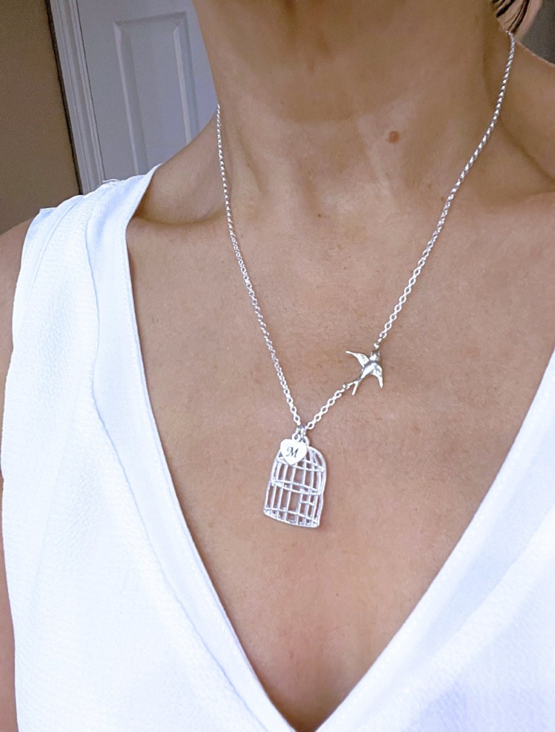 Sterling Silver Bird Necklace Silver Cage Necklace - Etsy
