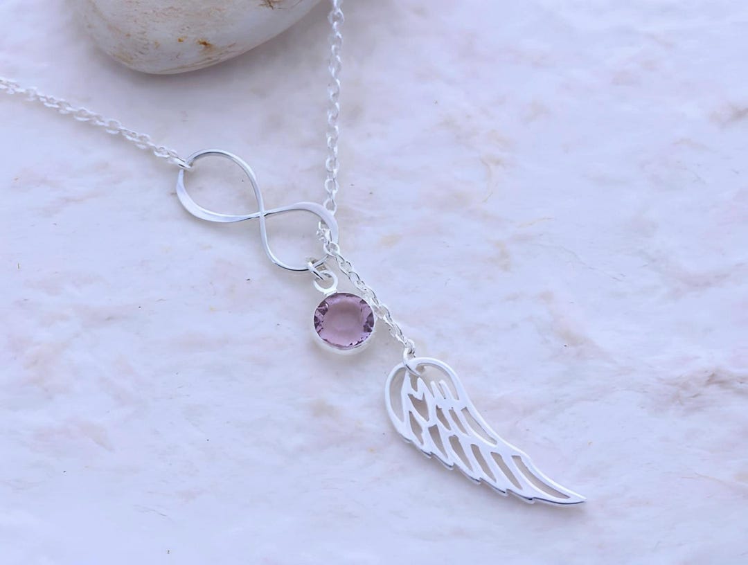 Sterling Silver Angel Wing Infinity Necklace, Custom Birthstone Charm ...