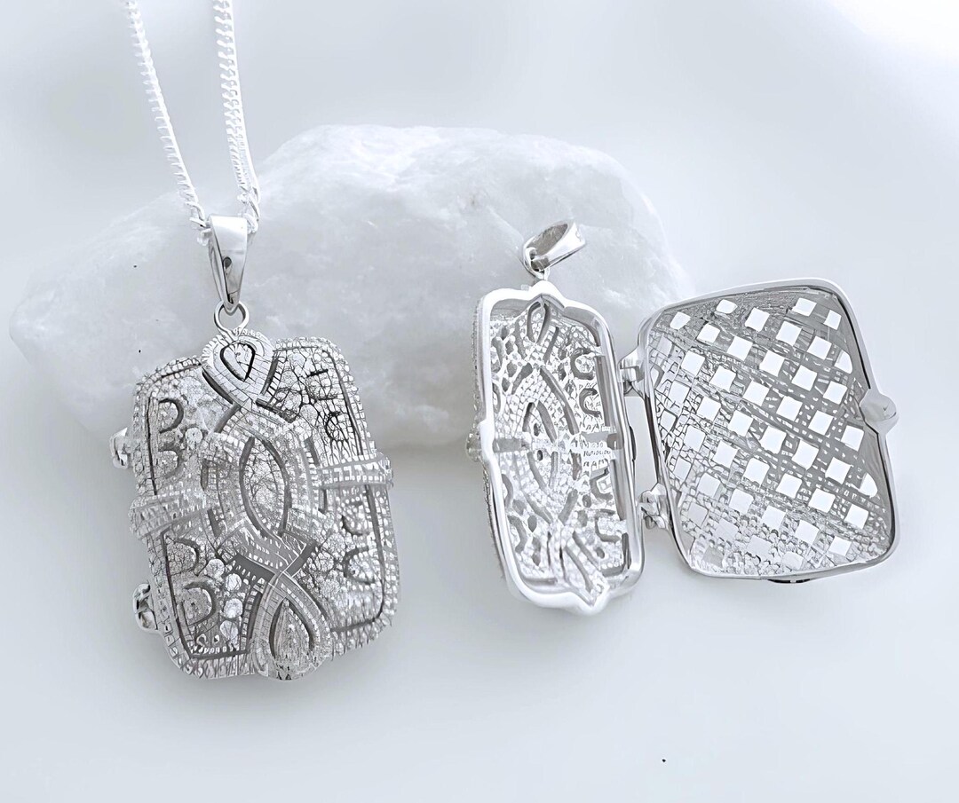 Solid Sterling Silver Locket Silver Filigree Locket With Cubic Zirconia ...