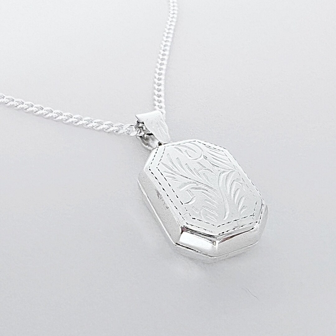 Sterling Silver Locket Necklace, Fancy Design Rectangular Locket in ...