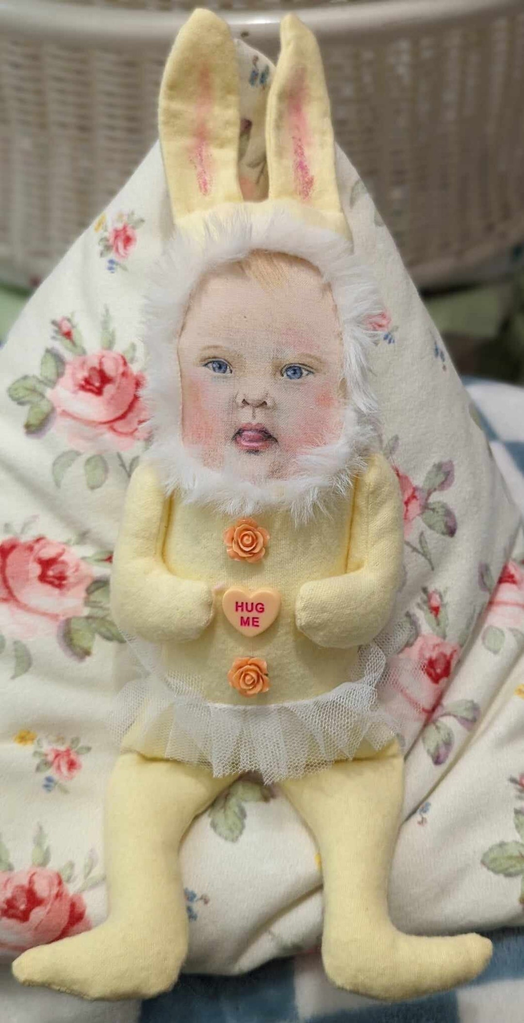 Yellow and Cream, Downs Syndrome, Baby Bunny, Nursery Decor Art Object ...