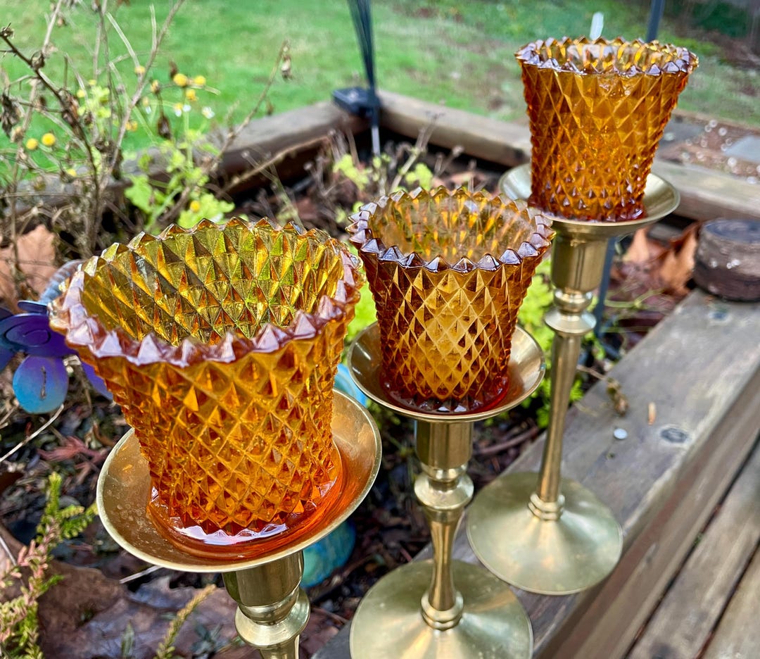 Vintage Votives, Candlestick Votives, Amber Color, Diamond Cut Design ...