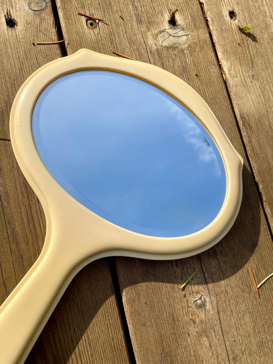 Bakelite Mirror, 1950s Hand Held Mirror, Yellow-tan, Large, Beautiful ...