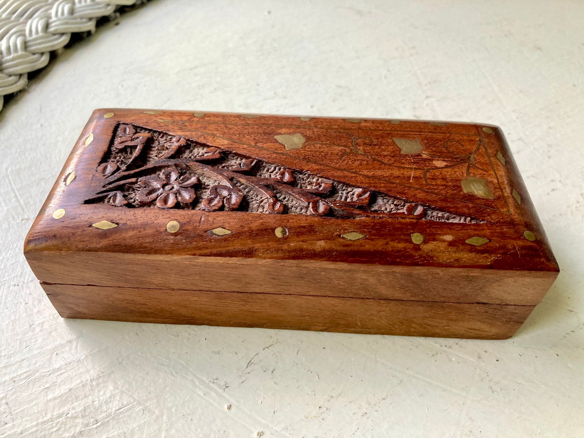 Wood Box Hand Carved Copper Inlay Floral Design Jewelry Box - Etsy