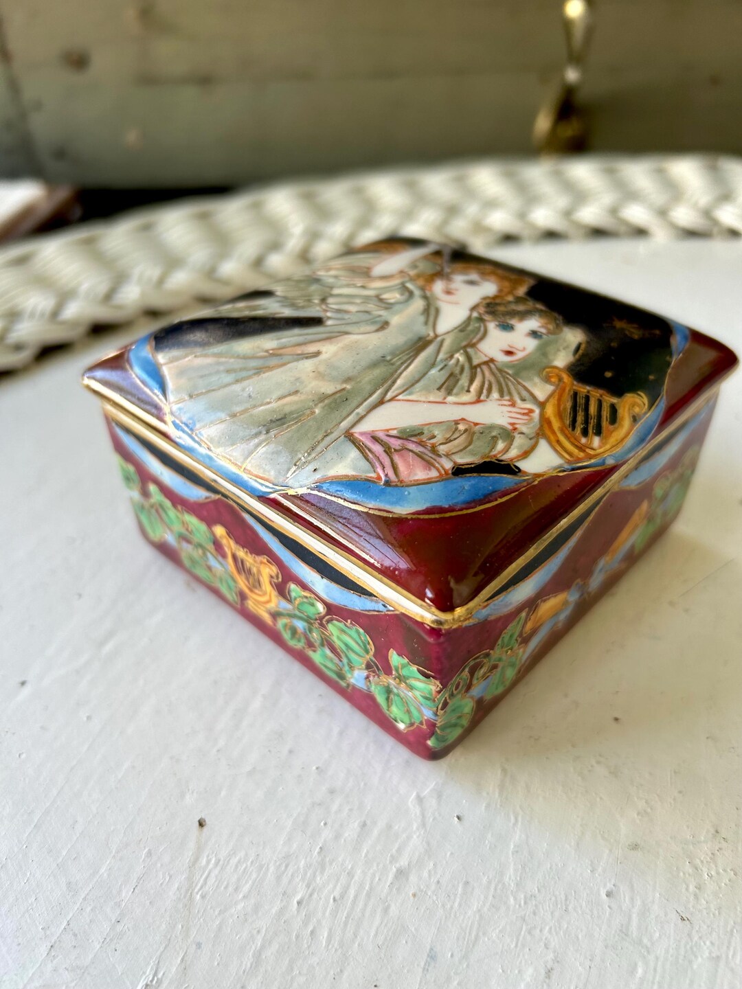 Ceramic Trinket Box Angels Square Box With Lid Trumpet Harp - Etsy