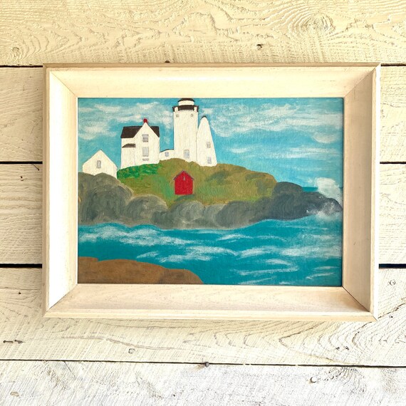 Primitive Ocean Painting Lighthouse Rocks Seascape Beach House - Etsy