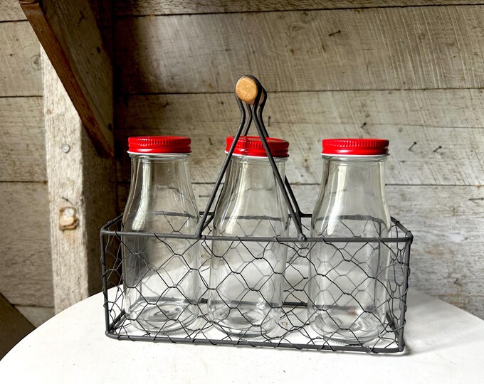 Wire Basket - 3 Glass Bottles - Farmhouse - Rustic - Primitive ...