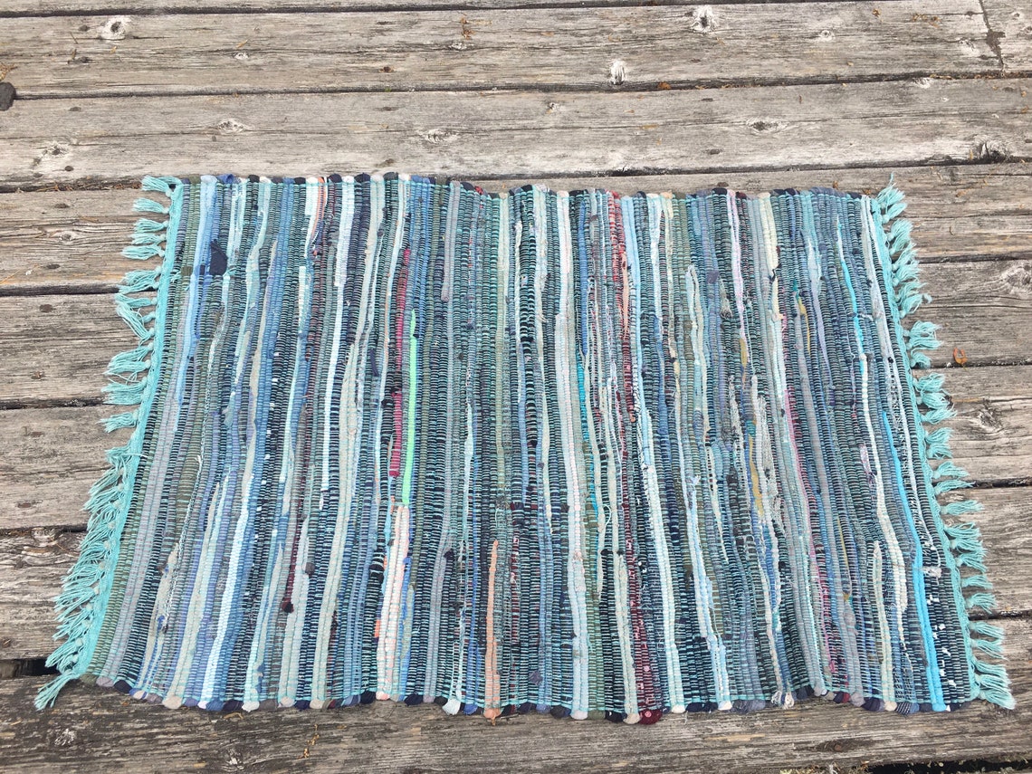 Handmade rag rug farmhouse woven rustic blue cottage | Etsy