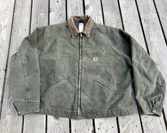 Carhartt Green Canvas Work Jacket J97 Mos Detroit Men’s - Plaid Blanket Lining - Work Clothes ...