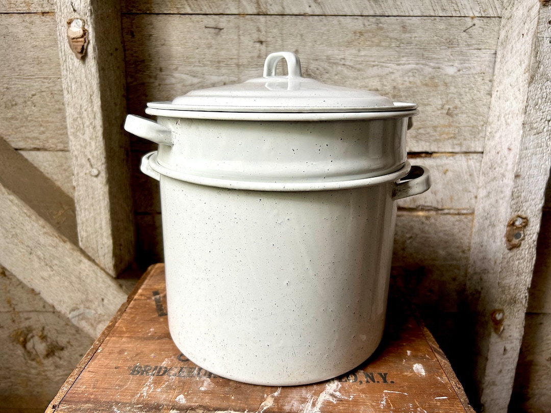 White Enamel Pot Farmhouse Kitchen Strainer Lid Large Pot 3 Pieces ...