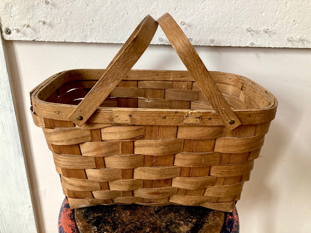 Picnic Basket Split Wood 2 Bent Wood Handles Farmhouse Rustic Handmade ...