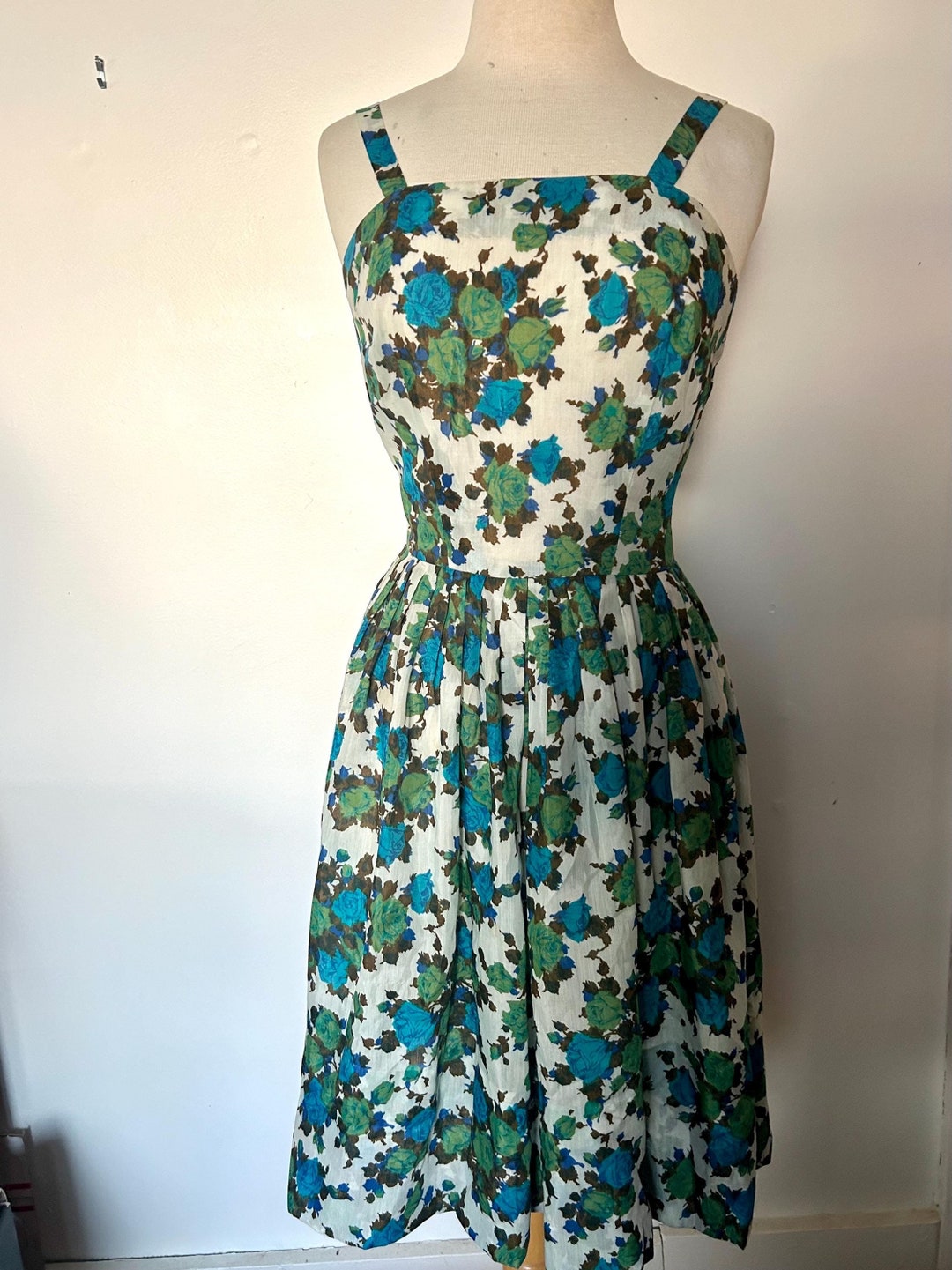 60s Floral Sheer Voile Cotton Summer Dress - Blue Green Spaghetti ...