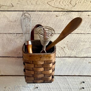 Vintage Split Wood Basket Farmhouse Small Basket Thick Leather Loop ...