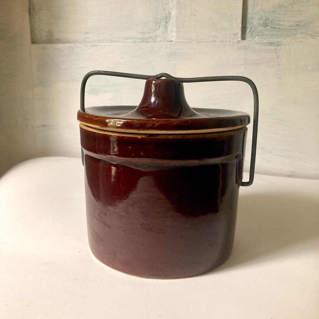 Brown Stoneware Crock With Lid Metal Wire Closure Kitchen Decor Storage ...
