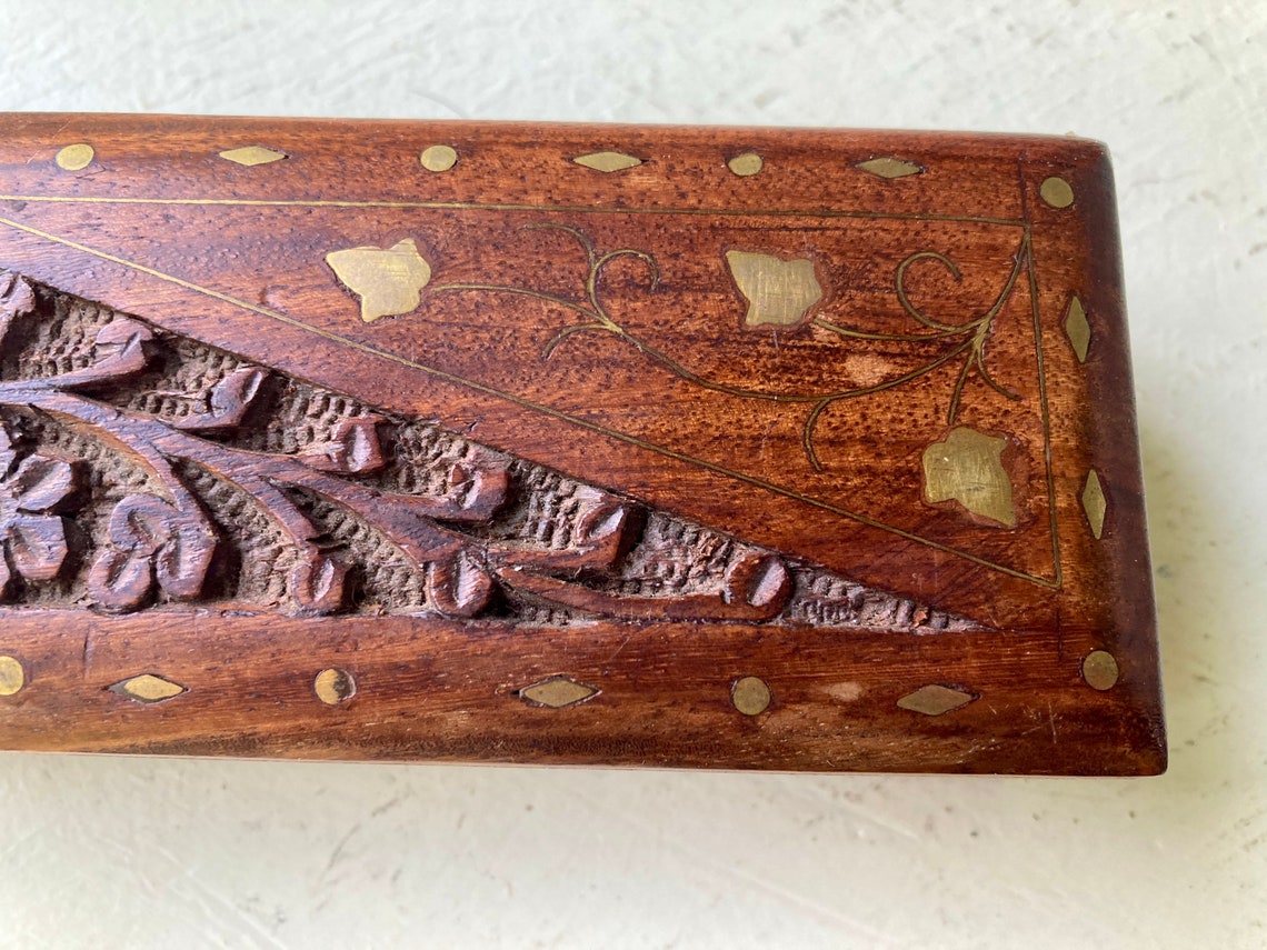 Wood Box Hand Carved Copper Inlay Floral Design Jewelry Box - Etsy