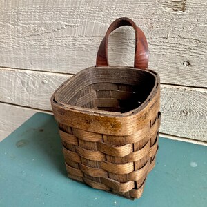 Vintage Split Wood Basket Farmhouse Small Basket Thick Leather Loop ...