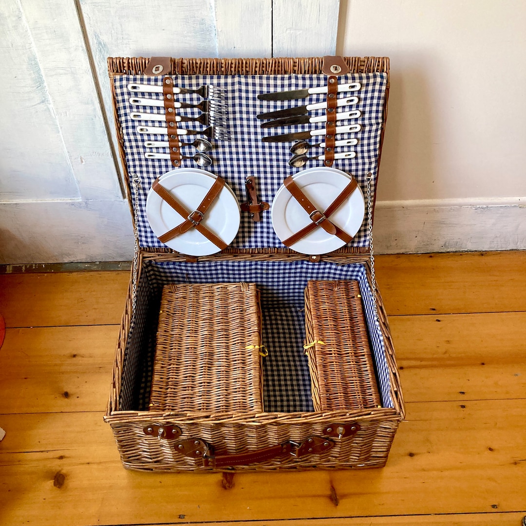 Wicker Picnic Basket Plates Mugs Wine Glasses Silverware Storage Large ...