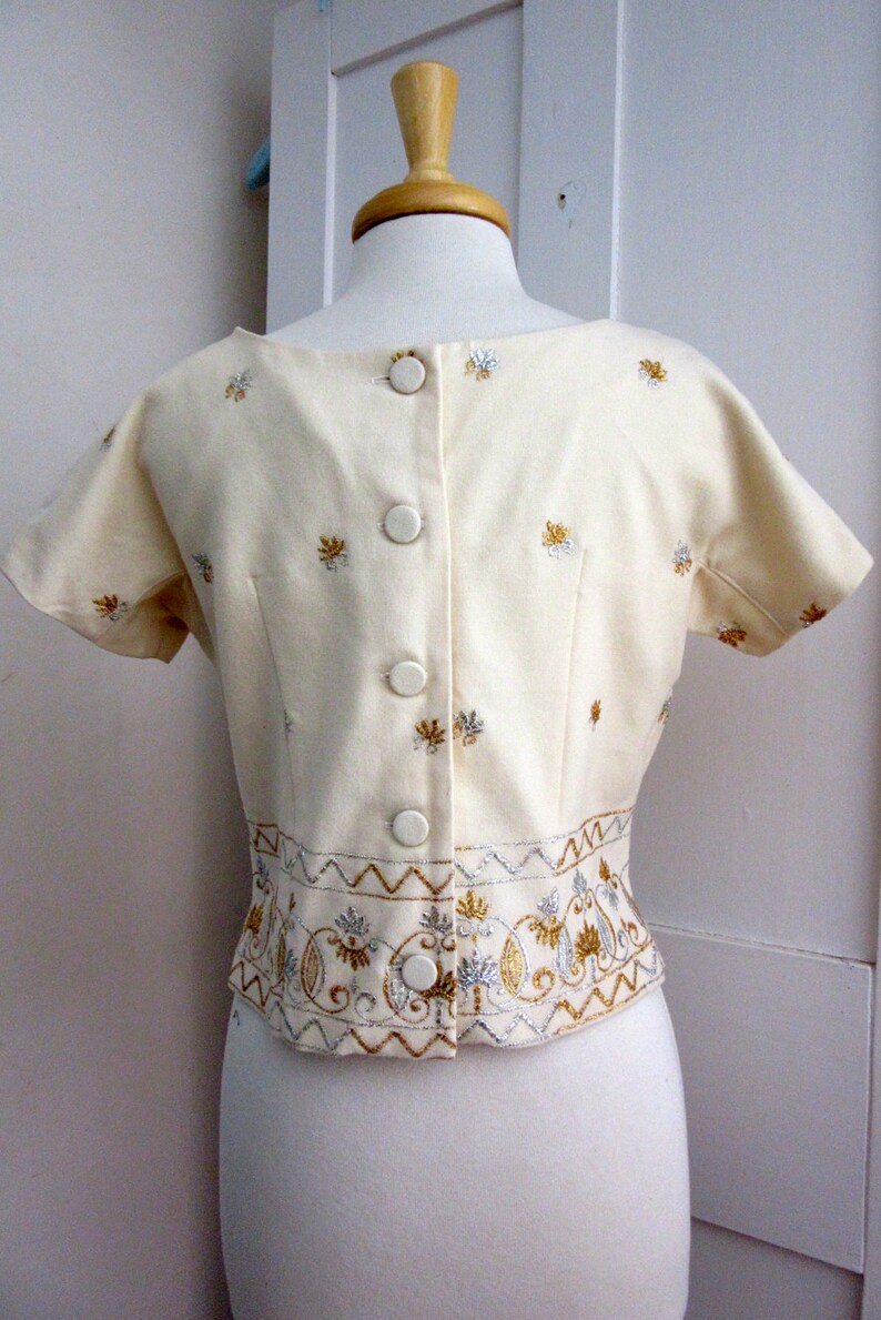 60s White Wool Top - Gold and Silver Threads - Short Sleeves - Vintage ...