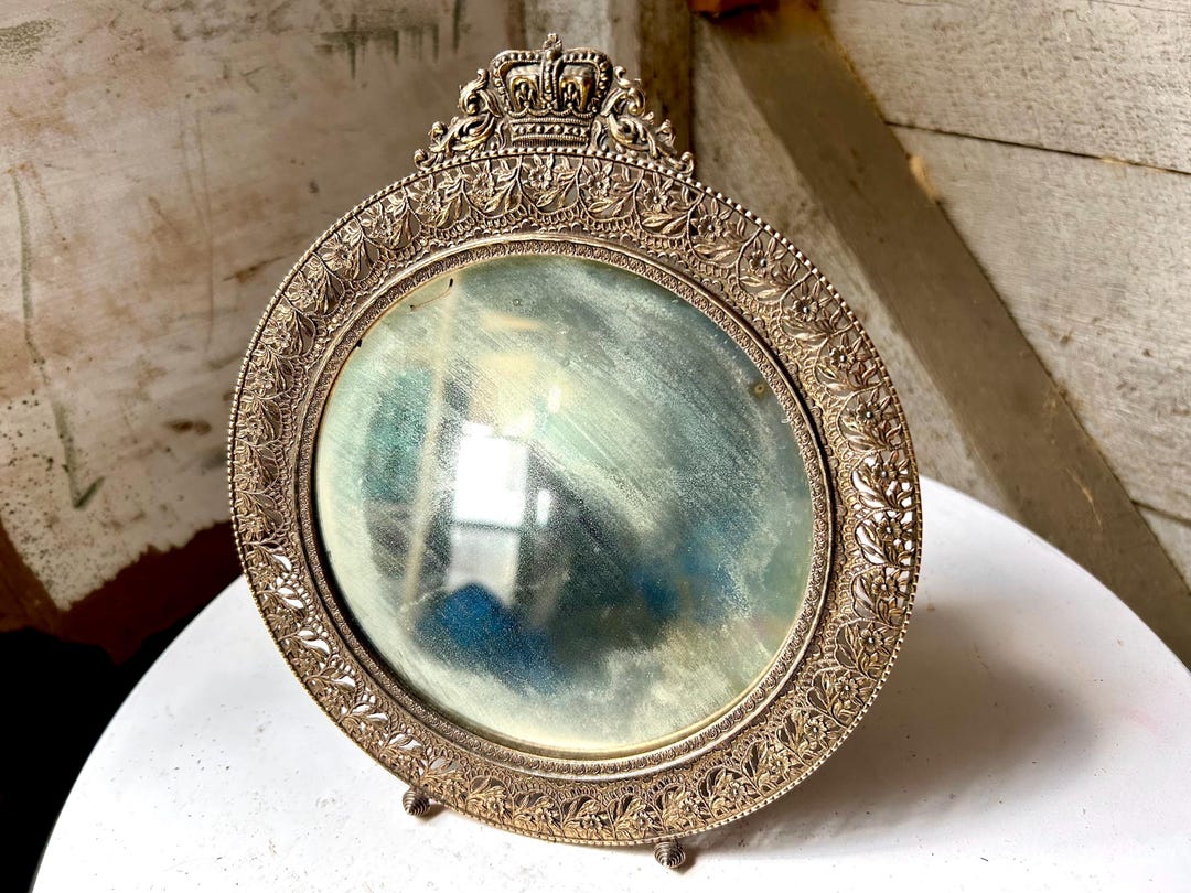 Antique Brass Small Round Frame and Mirror Wall or Table Top Velvet ...