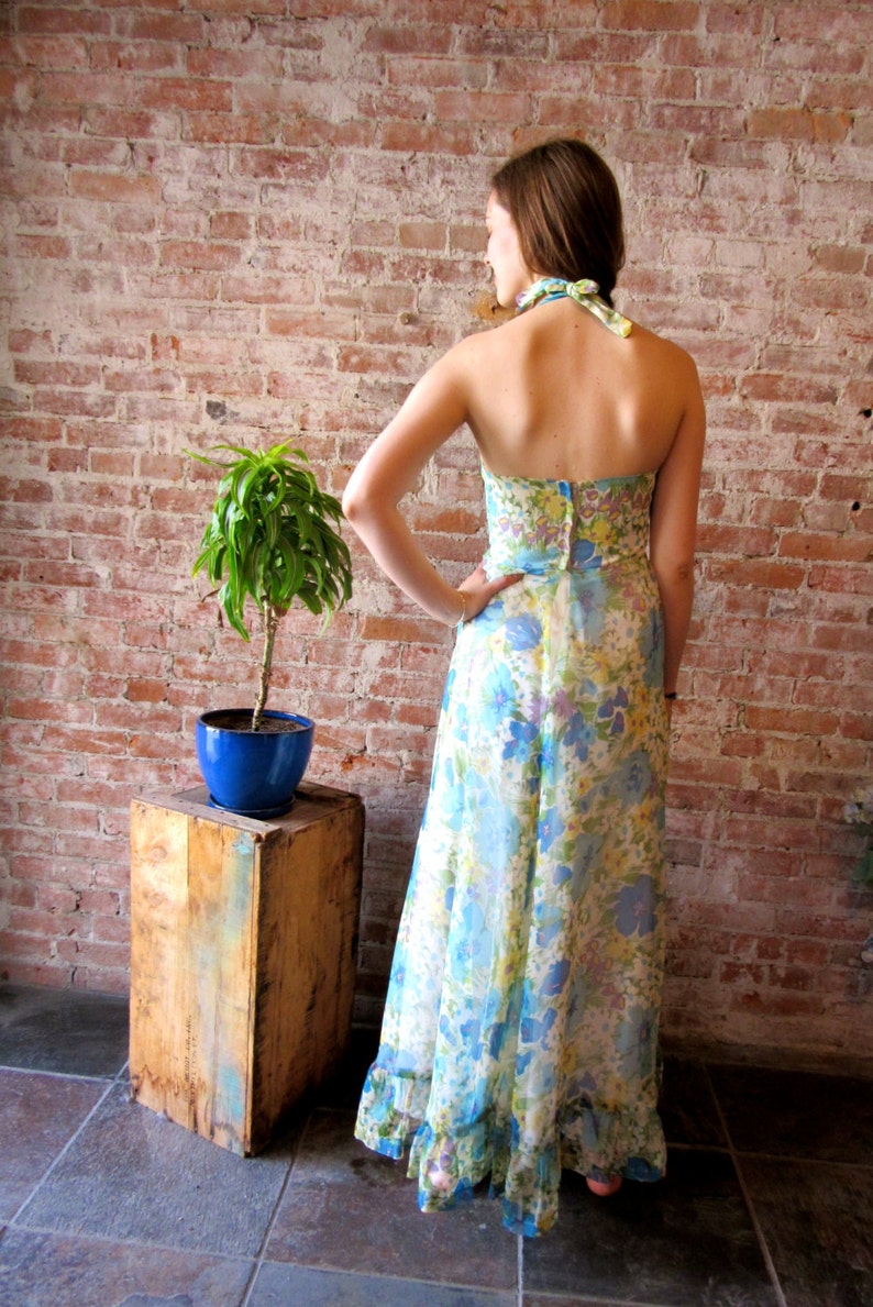 60s Halter Dress maxi dress chiffon floral satin lining | Etsy 60s Halter Dress maxi dress chiffon floral satin lining | Etsy