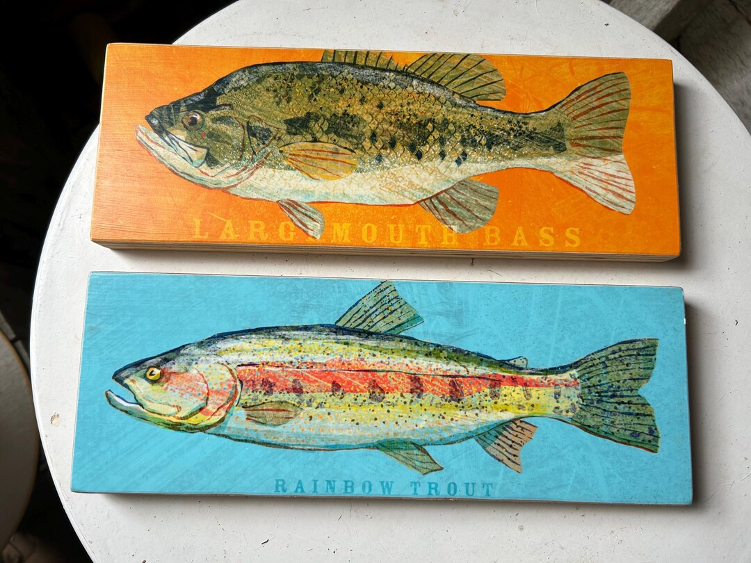 Fish Plaques Rainbow Trout - Large Mouth Bass Wood Wall Art Prints ...