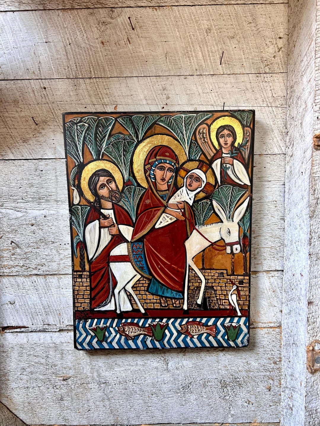 Coptic Orthodox Icon Flight Into Egypt Jesus Mary Joseph Angel Donkey ...