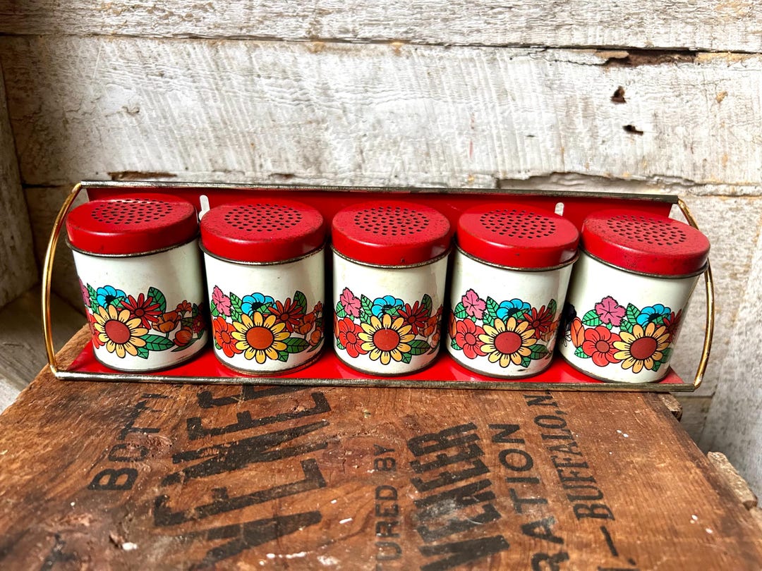 40s Farmhouse Red Metal Floral Spice Rack Country Kitchen Storage ...