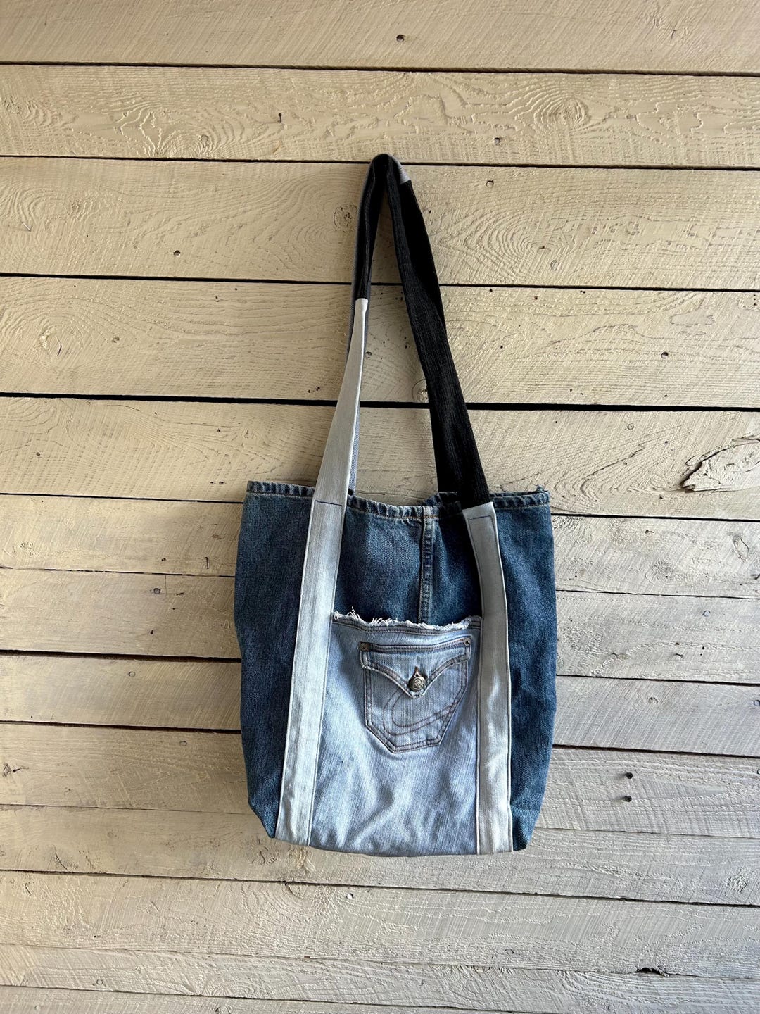 Upcycle Blue Jean Bag Shoulder Cotton Large Tote Pockets Handmade From ...