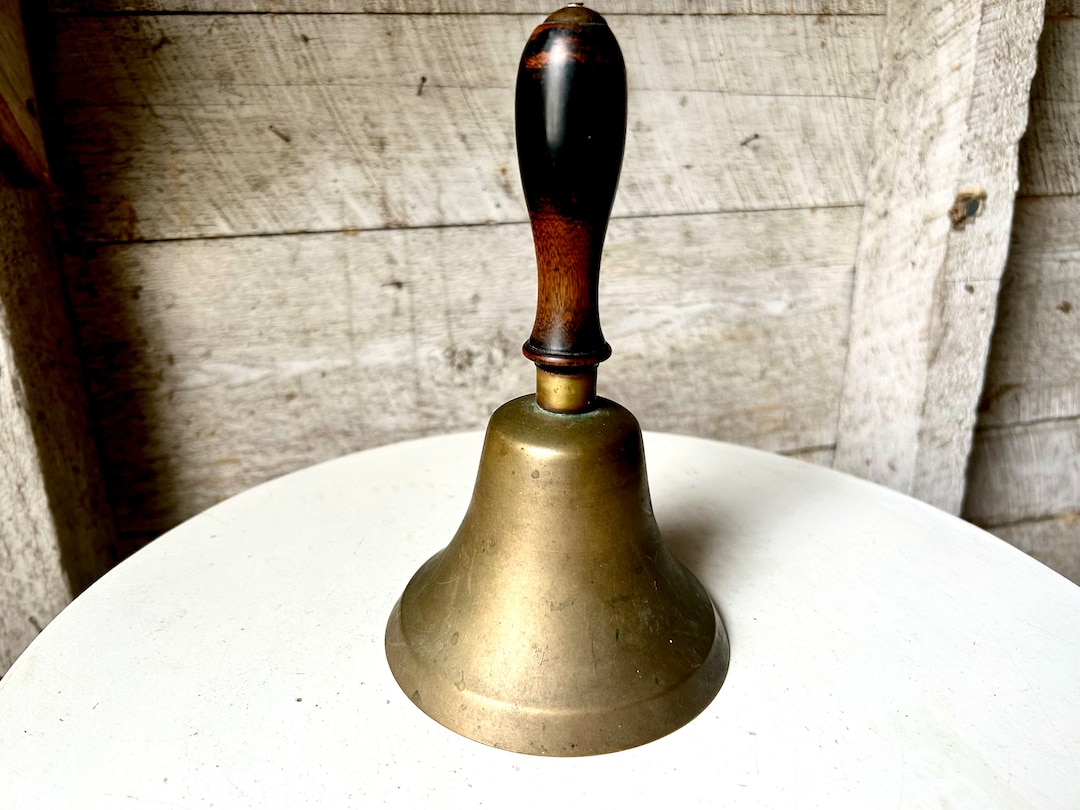 Antique Brass Bell Wood Handle Deep Sound Farmhouse Decor Large Heavy ...