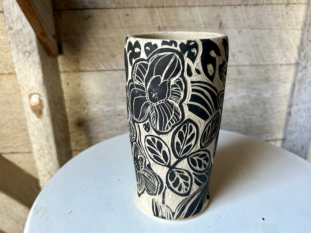 Ceramic Vase -handmade Sgraffito Carved Floral and Leaf Design Black ...