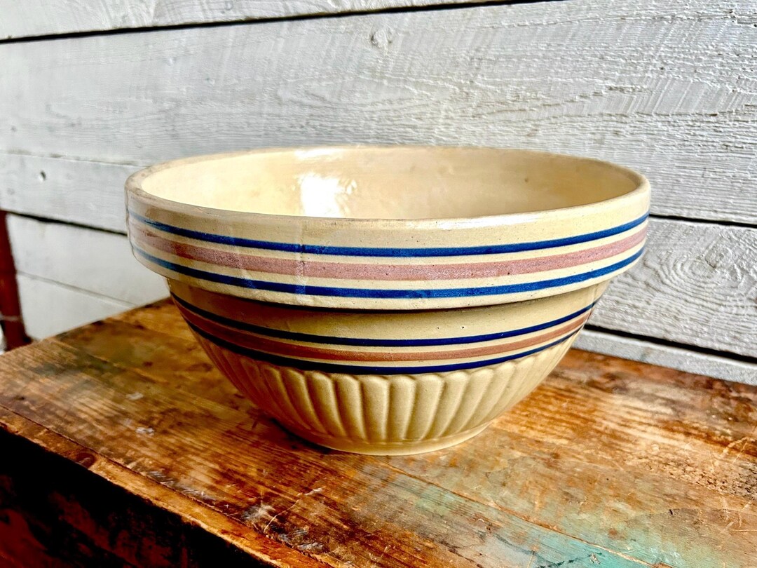 Antique Large Farmhouse Yellow Ware Ceramic Bowl Stoneware Primitive ...