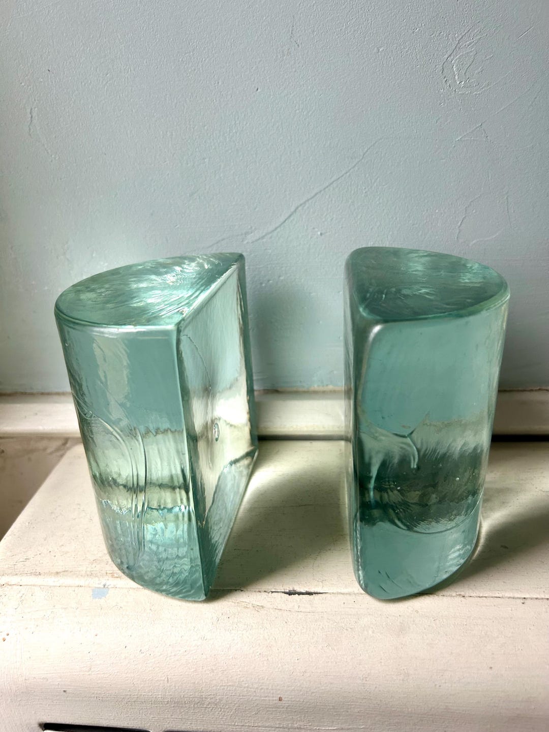 Blenko Glass Bookends Blue Green Glass Half Circle Heavy Mid Century ...