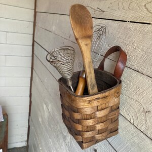 Vintage Split Wood Basket Farmhouse Small Basket Thick Leather Loop ...