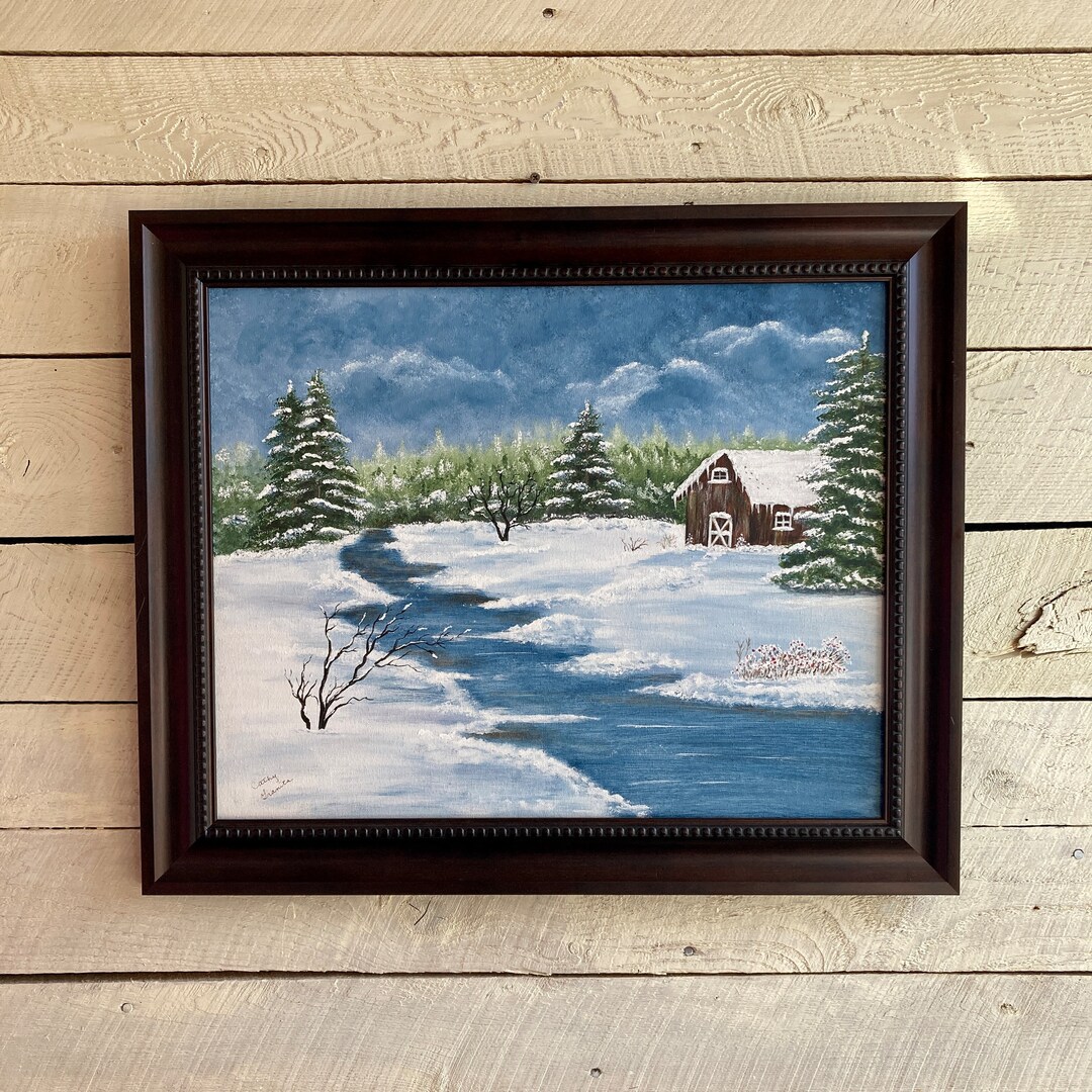 Primitive Landscape Oil Painting Frame Trees House Winter Scene Snow ...