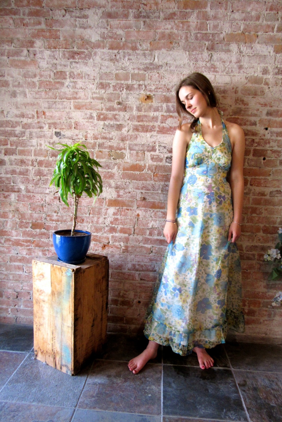 60s Halter Dress - Maxi Dress - Chiffon Floral Satin Lining Long Dress ...