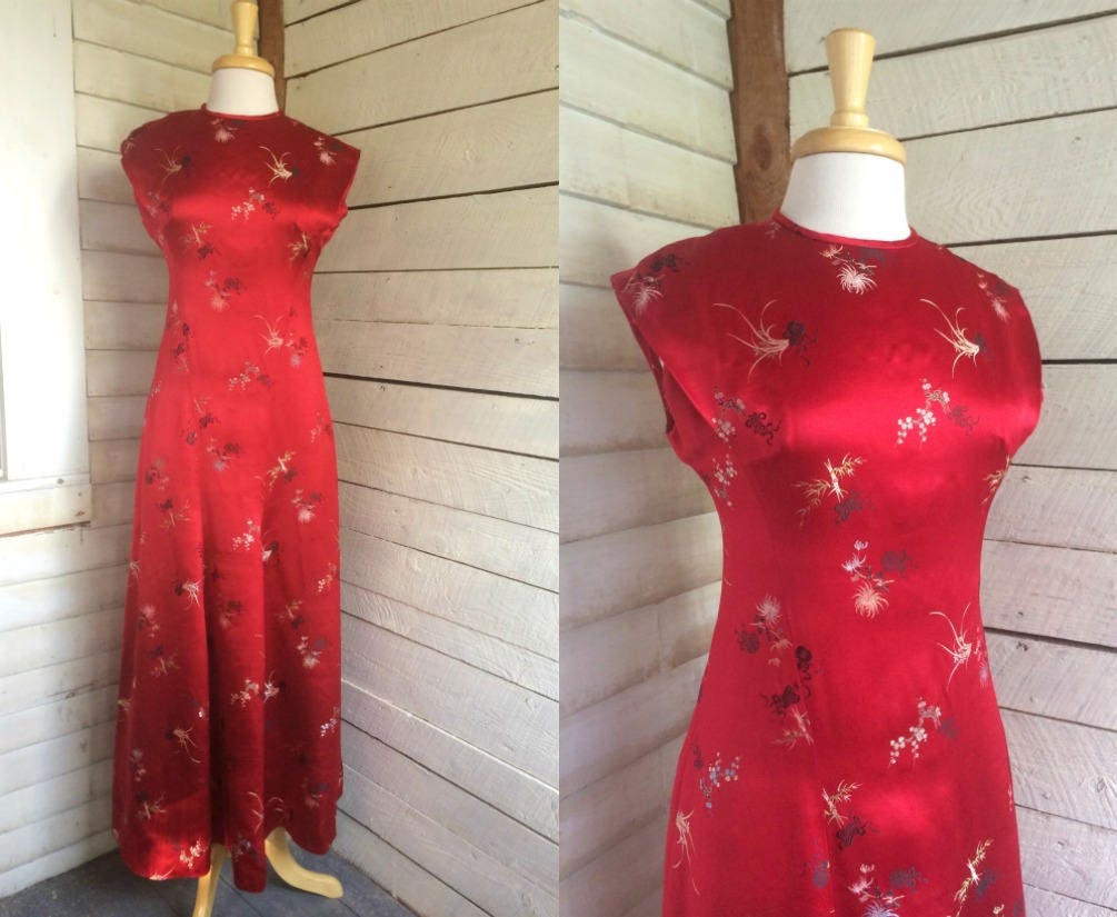 Red Satin Chinese Dress - Maxi Dress - Embroidered - Lined - Back ...