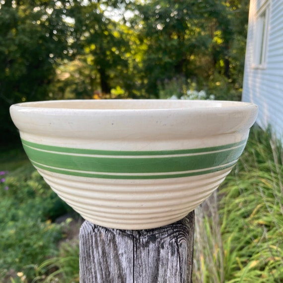 30s Farmhouse Yellow Ware Ceramic Bowl Ribbed Green Stripes - Etsy