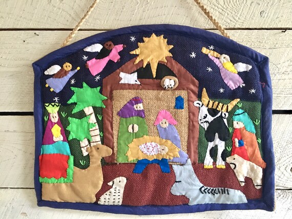 Nativity scene quilted appliqué handmade wall hanging | Etsy