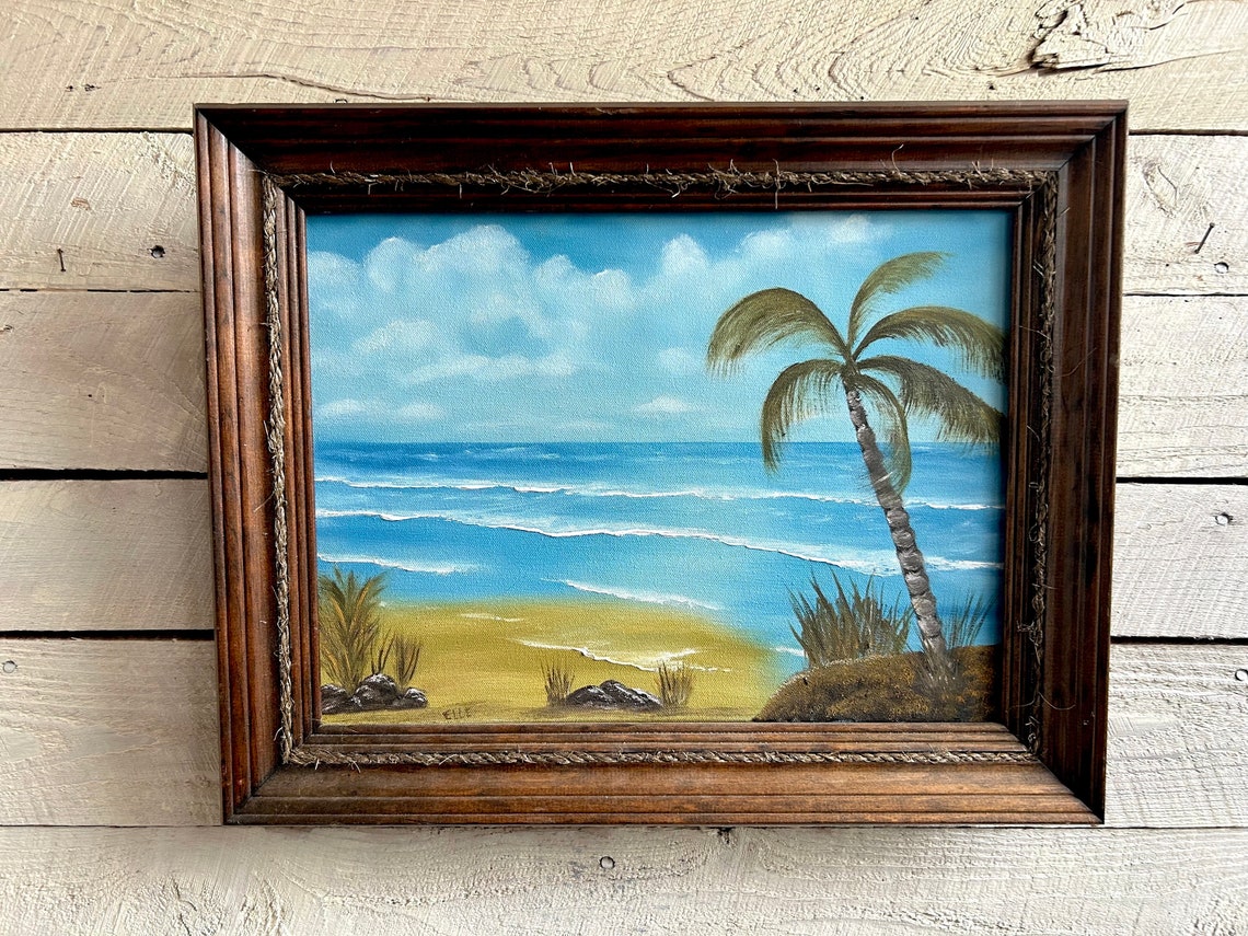 Vintage Painting Beach Landscape Wood Frame Landscape Primitive Rustic ...