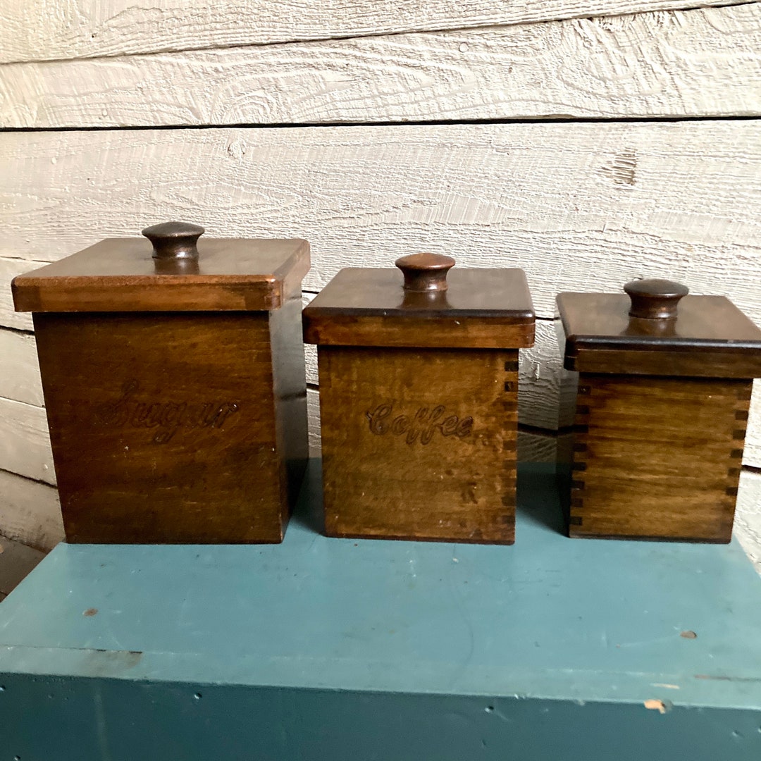 Wood Canister Set - Coffee Tea Sugar Kitchen Storage Square Dovetail ...