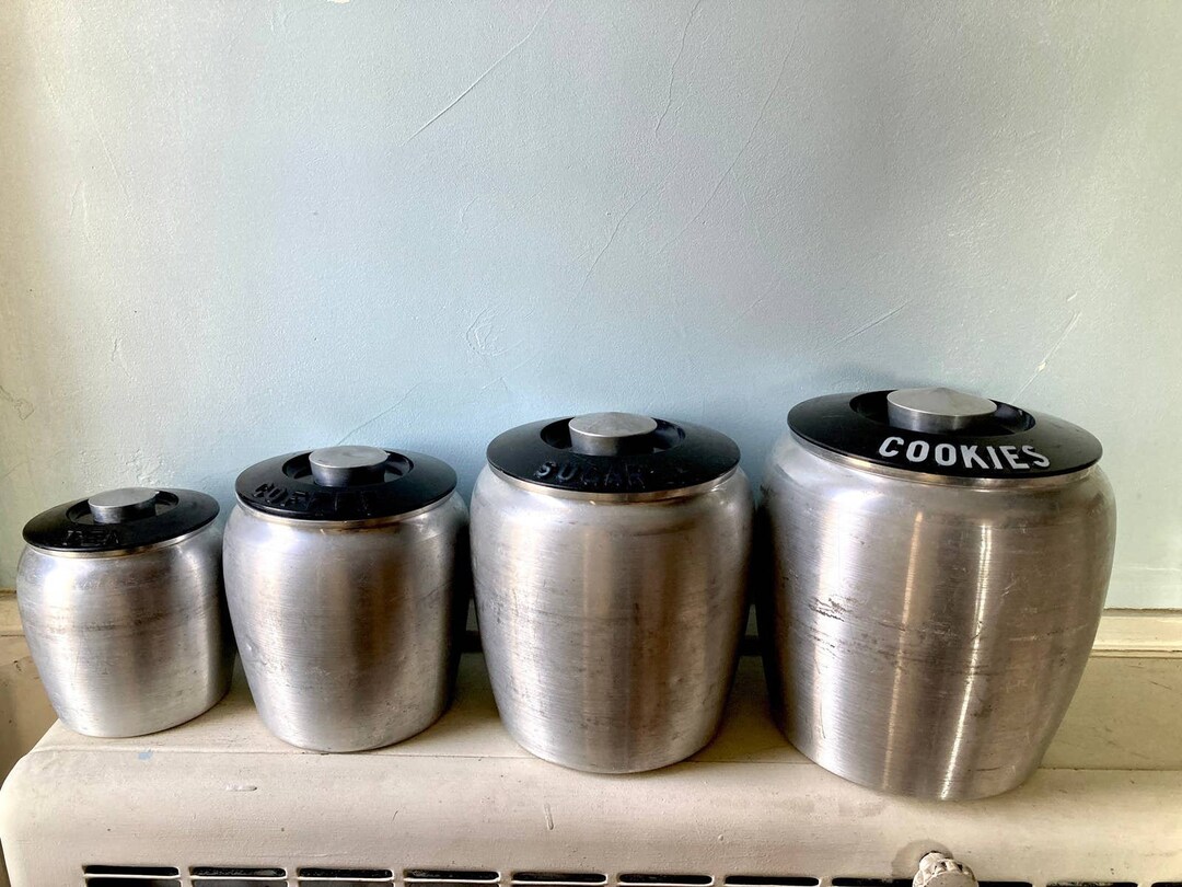 50s Mid Century Canister Set Aluminum 4 Canisters Black Lids Farmhouse ...