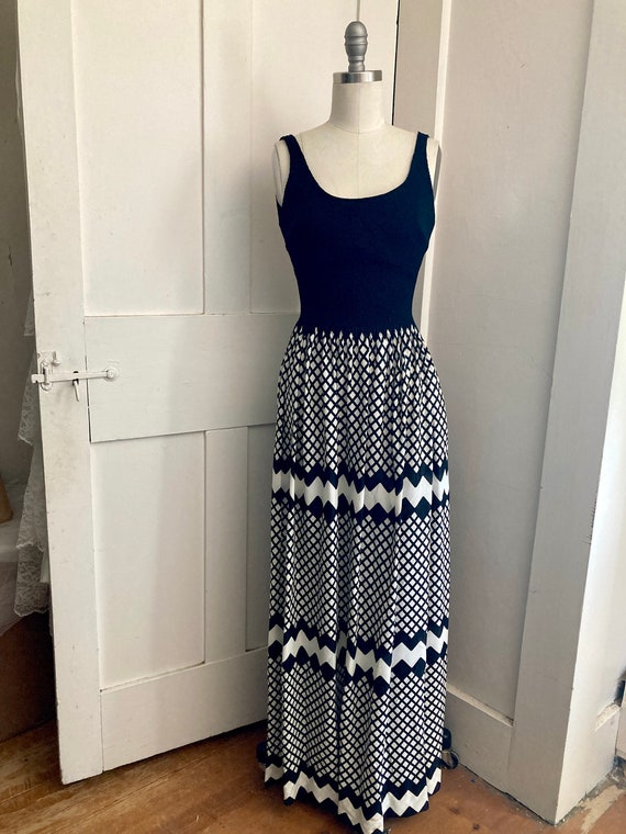 70s Black white Maxi Dress - Prom dress Polyester - O… - Gem