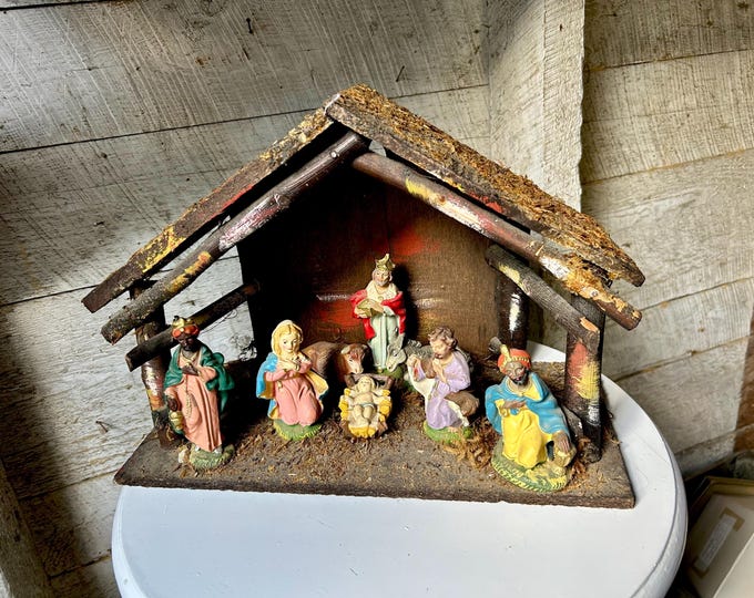 Christmas Nativity Set - Mid Century Chalkware Figures Wood Stable 8 ...