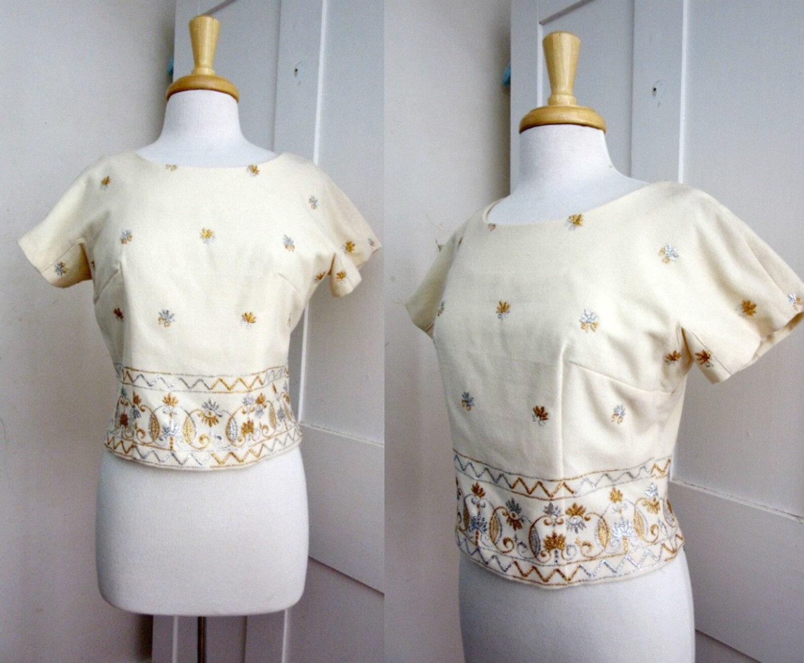 60s White Wool Top Gold and Silver Threads Short Sleeves - Etsy
