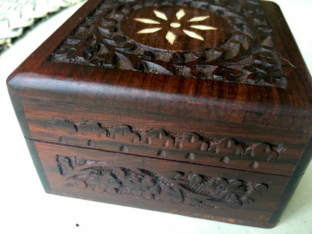 Wood Box Hand Carved Bone Inlay Floral Design Jewelry Box Trinket Boxj ...